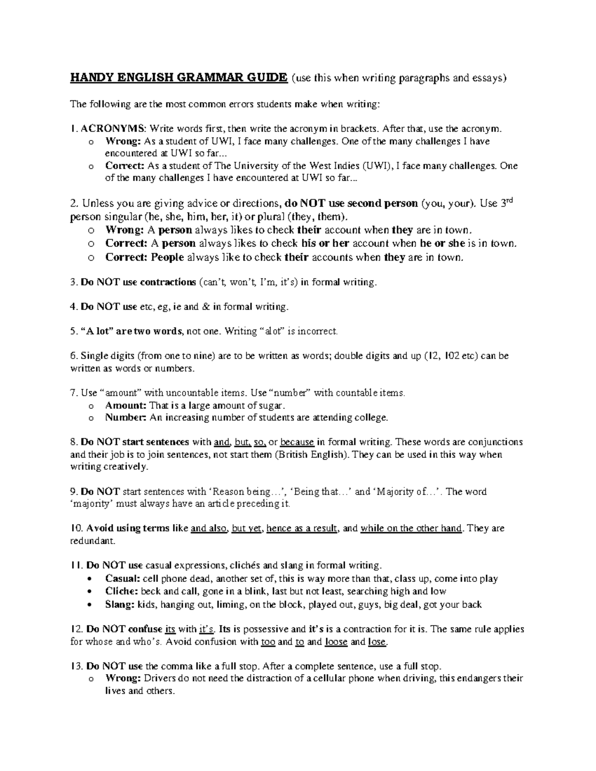 UWI ENG 101: Handy Grammar Guide for Writing Essays and Paragraphs ...