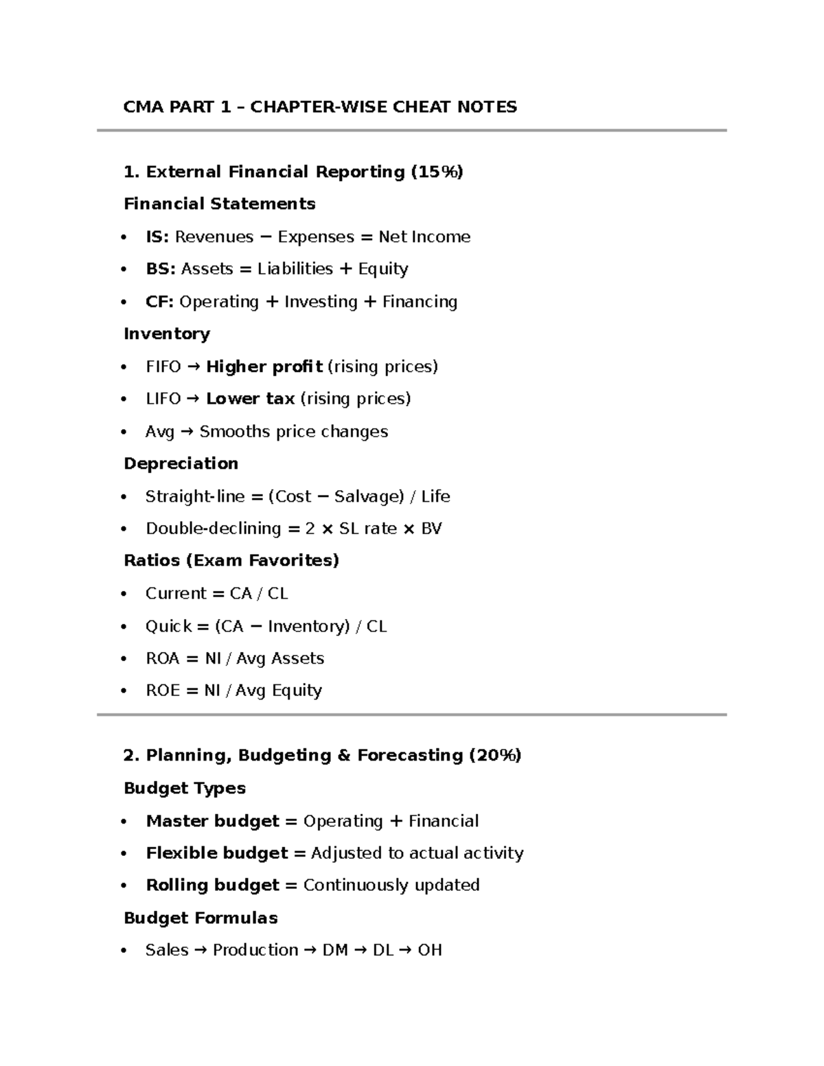 CMA PART 1 Final Exam Cheat Notes: Financial Reporting & Budgeting ...