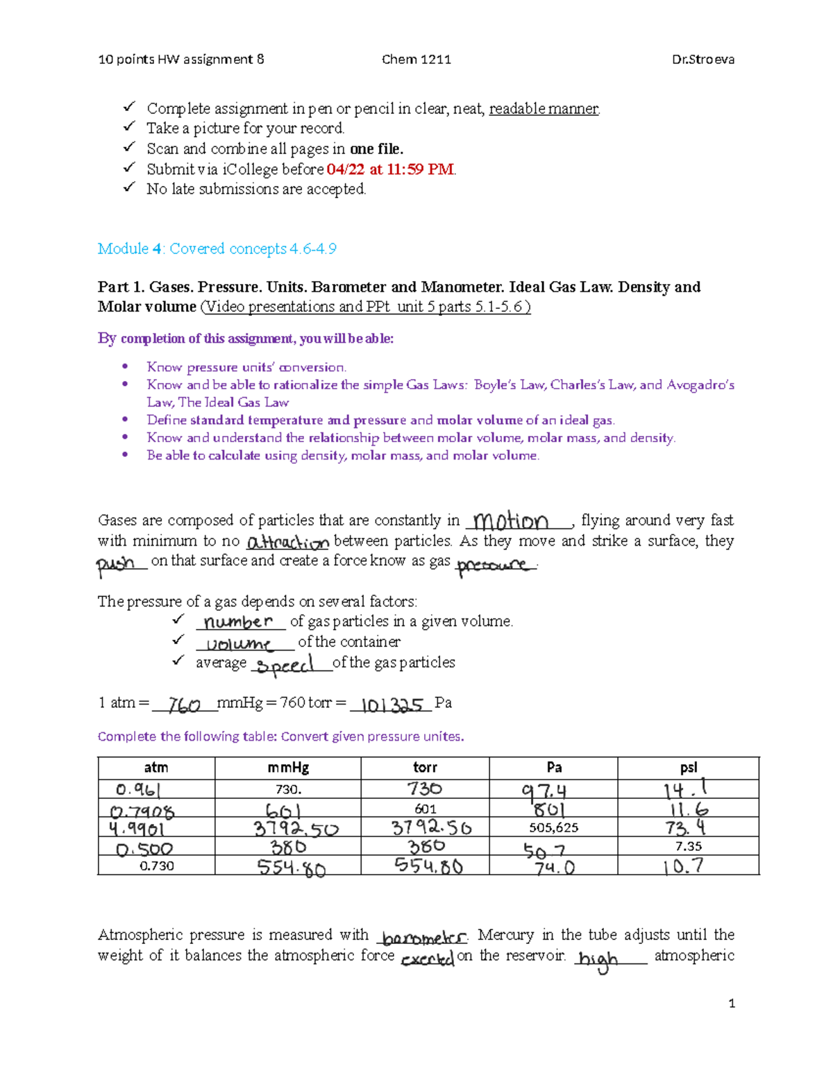 Homework 8: Gases & Ideal Gas Law Concepts - Chem 1211 Dr. Stroeva ...