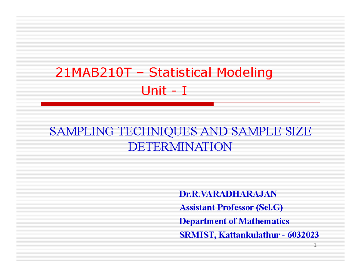 21MAB210T Statistical Modeling: Sampling Techniques & Size Determination - Studocu