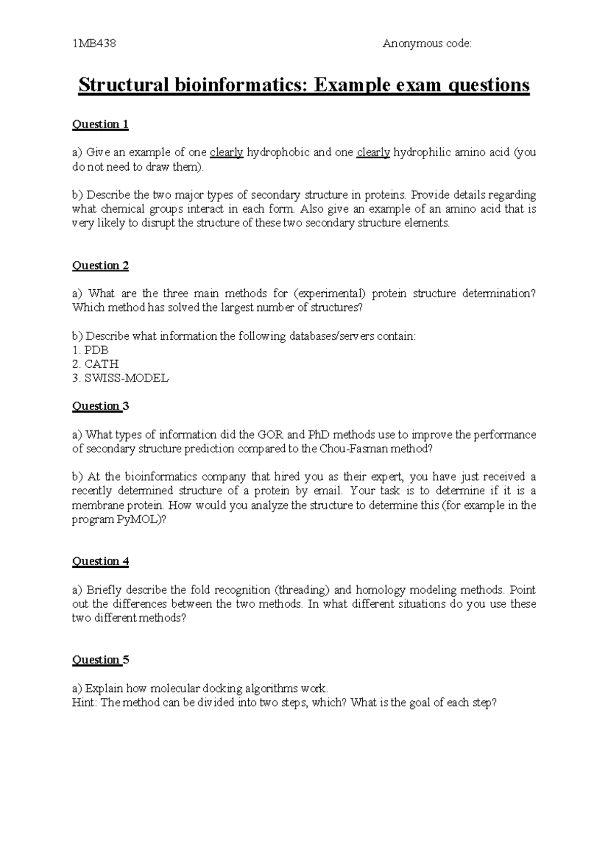 1MB438 Final Exam: Structural Bioinformatics Sample Questions - Studocu