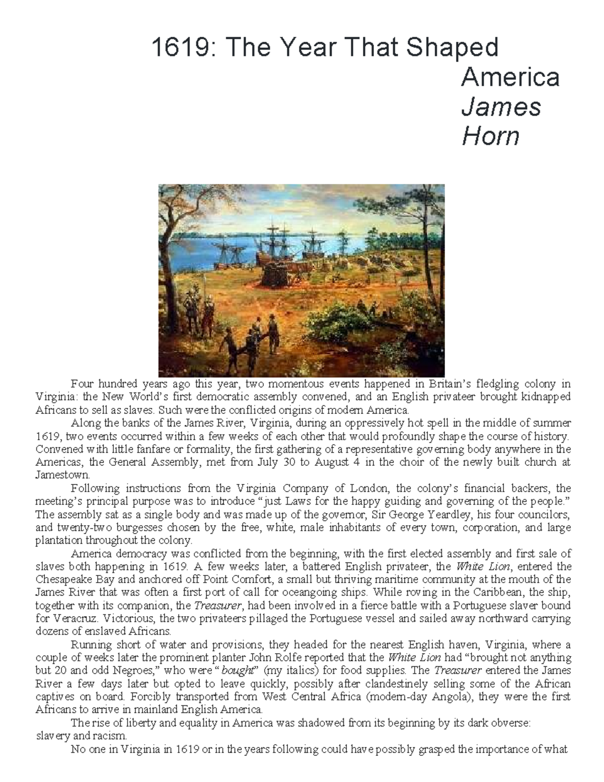 1619: The Birth of American Democracy and Slavery Dynamics - Studocu