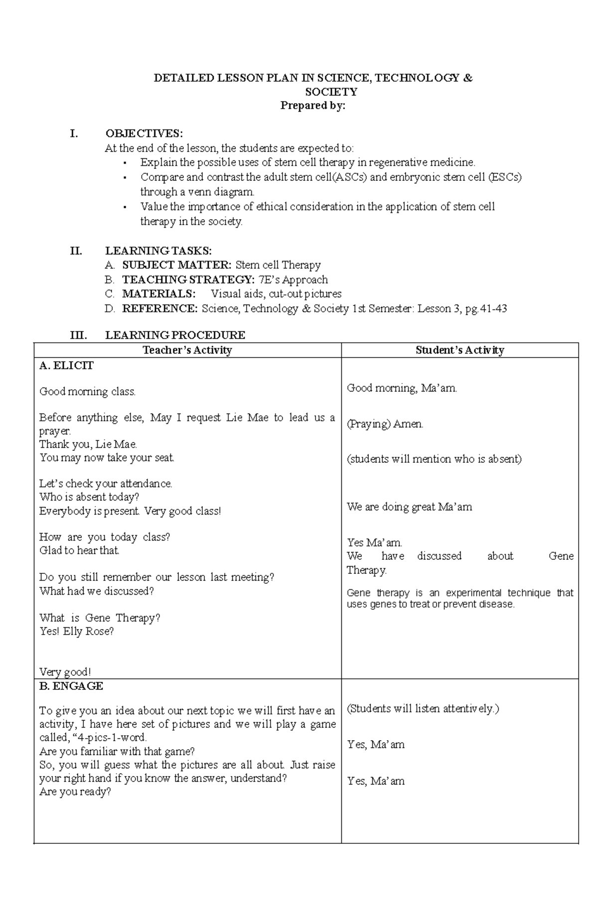 STEM CELL THERAPY LESSON PLAN - SCIENCE, TECHNOLOGY SOCIETY - Studocu