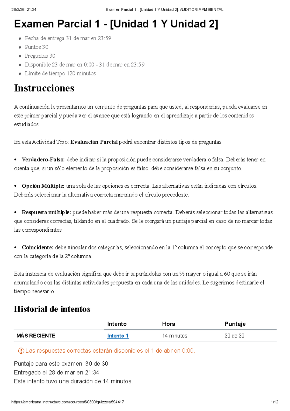 Examen Parcial 1 - Unidad 1 y 2: Auditoría Ambiental - Studocu