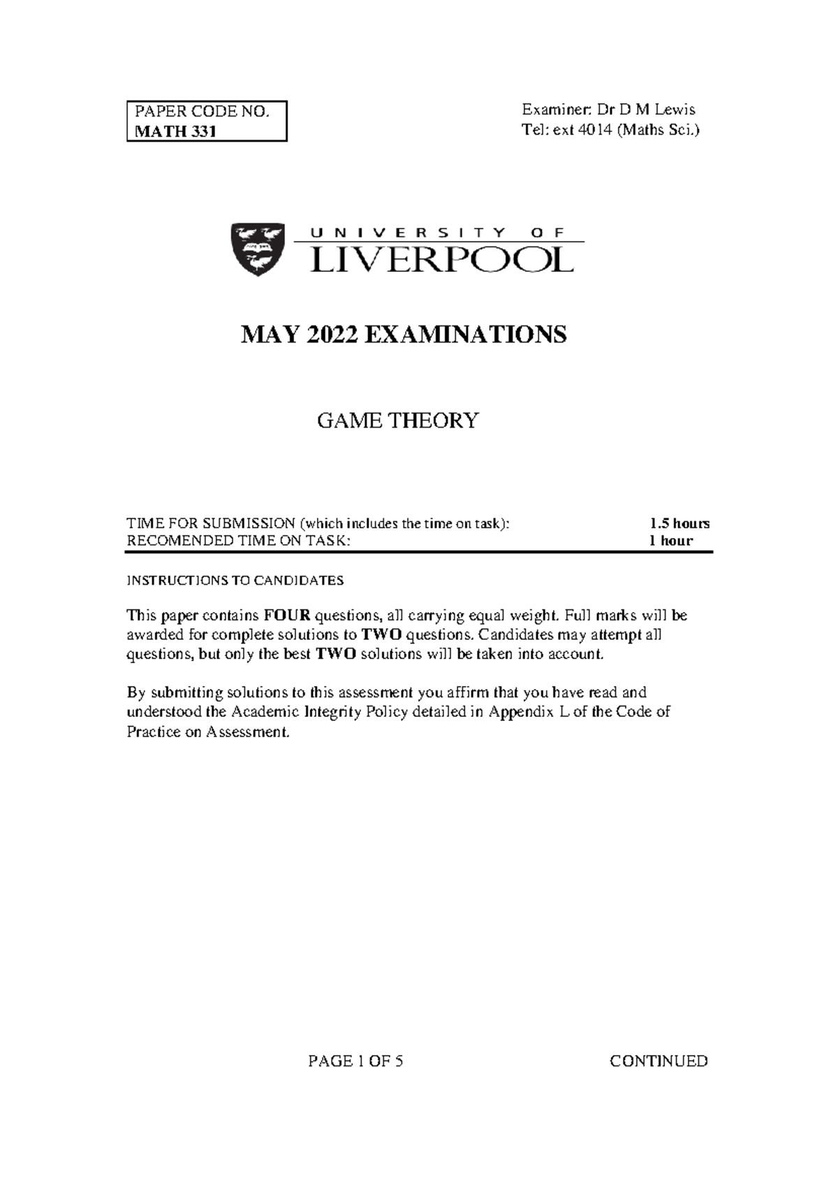 MATH331 MAY2022 Final Exam: Game Theory Paper & Strategies - Studocu