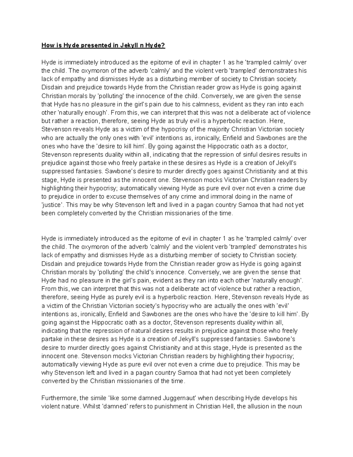 Essays on Hyde's Presentation in Jekyll and Hyde - GCSE Analysis - Studocu