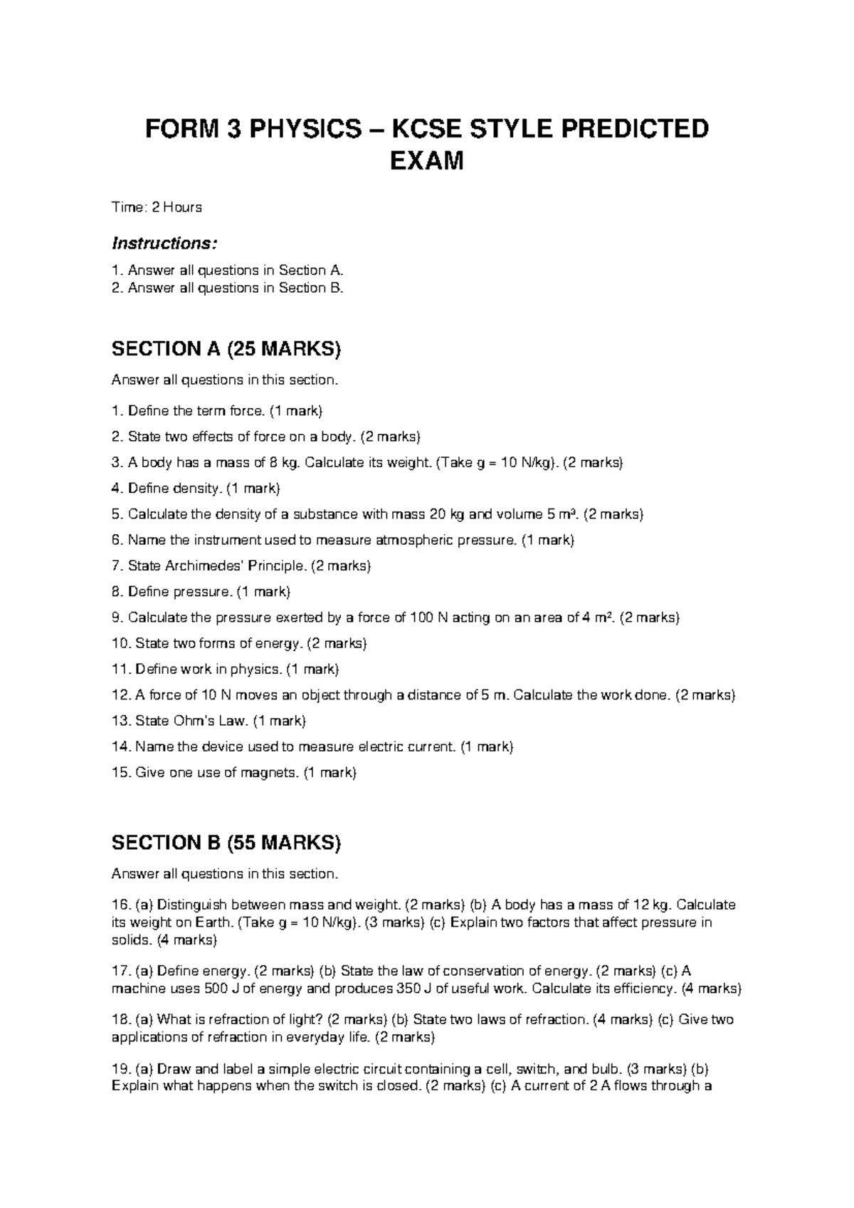 Form 3 Physics KCSE Style Predicted Exam Paper - Studocu