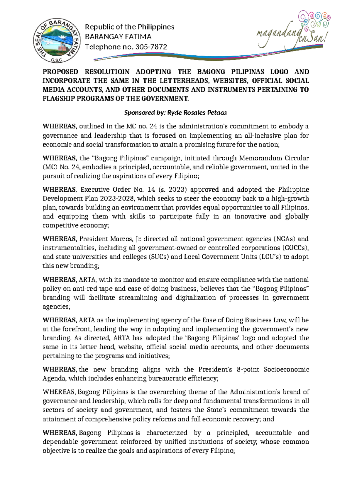 Proposed Resolution for Adopting the Bagong Pilipinas Logo in ...