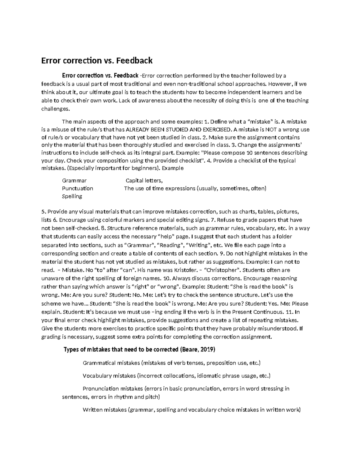 Error Correction and Feedback Strategies in Language Learning - Studocu