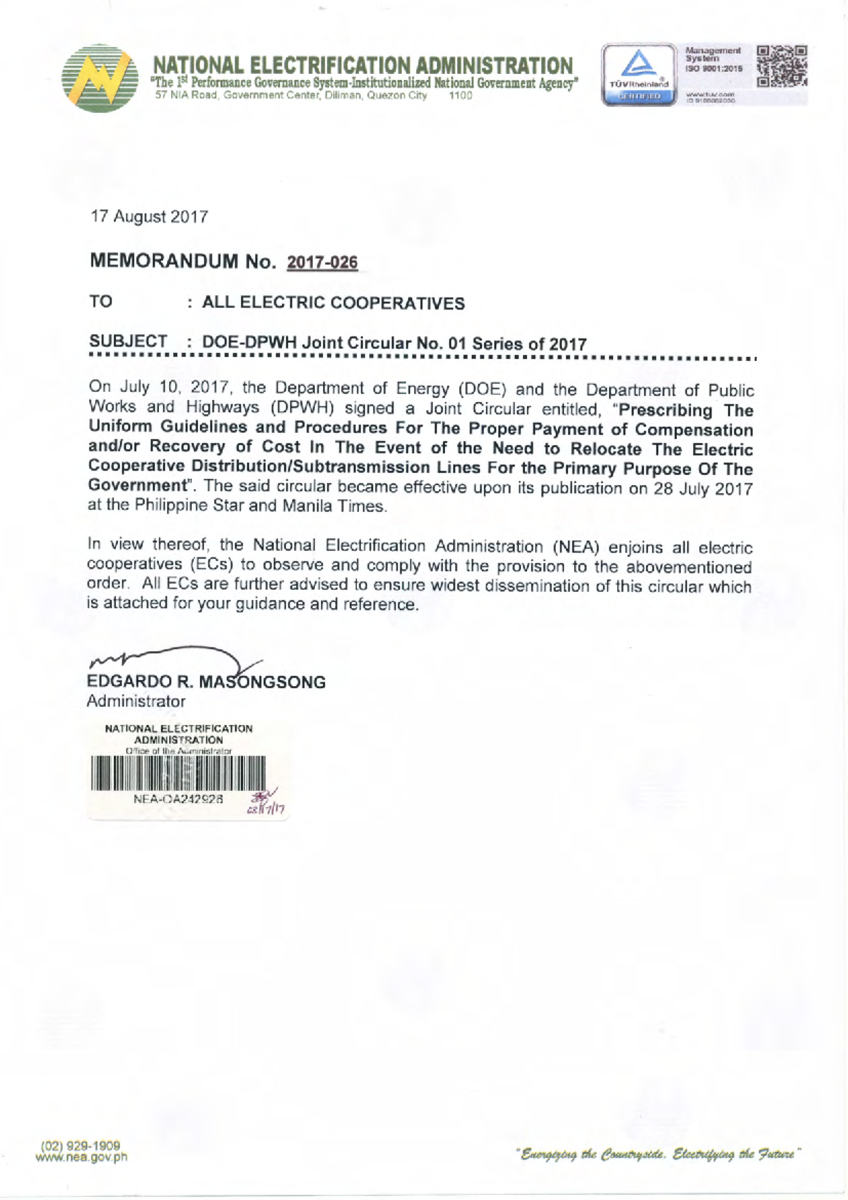 DOE-DPWH Joint Circular No. 01 Series of 2017: Compensation Guidelines ...