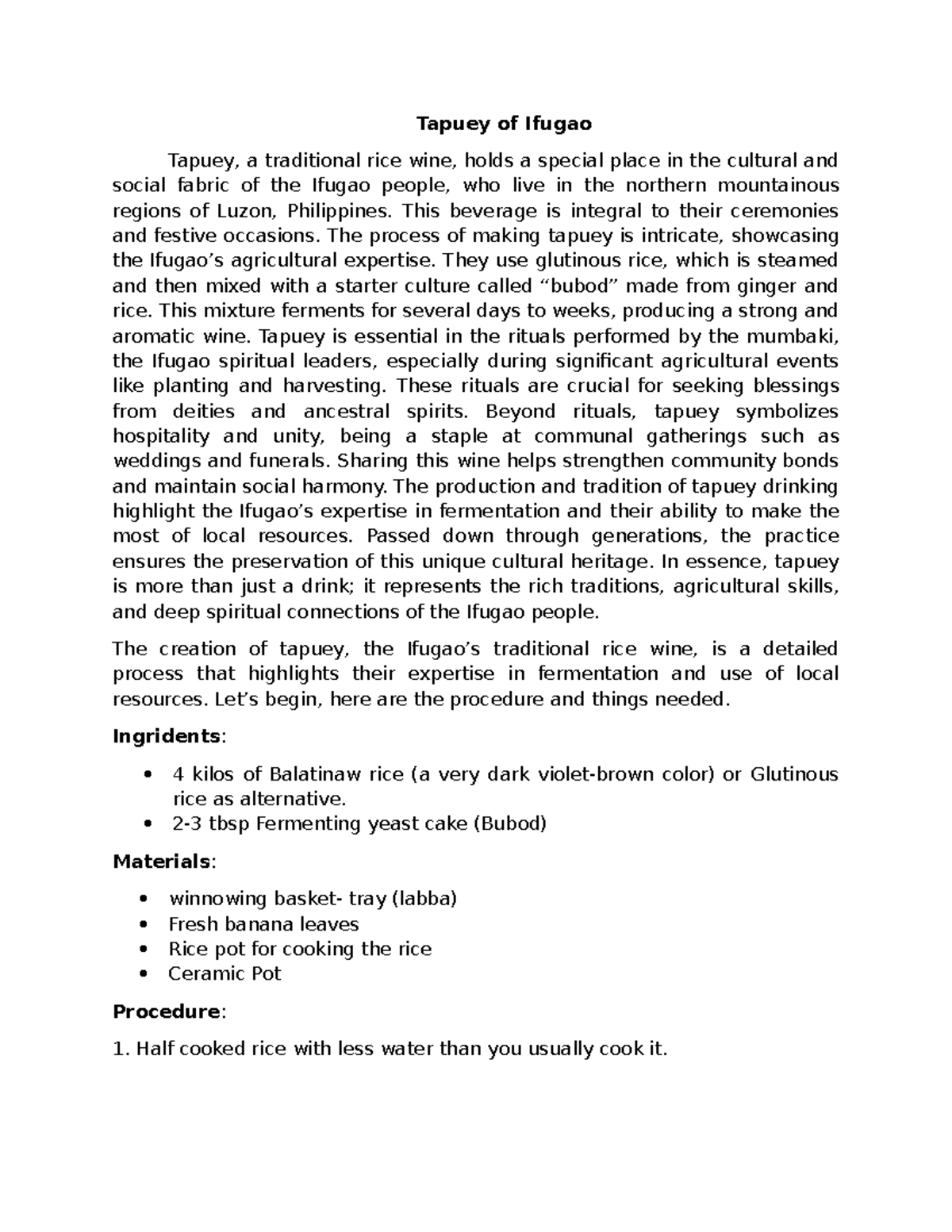 Ifugao Tapuey: A Narrative Report on Traditional Rice Wine Making - Studocu