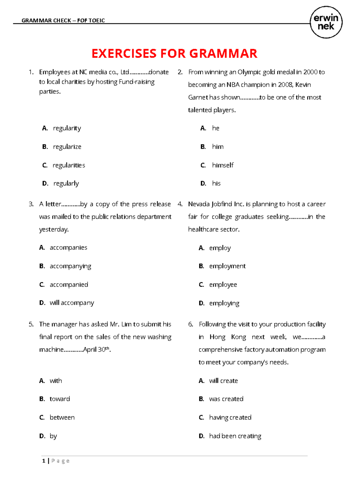 Grammar Check for TOEIC Exercises 1 - Final Exam - Studocu