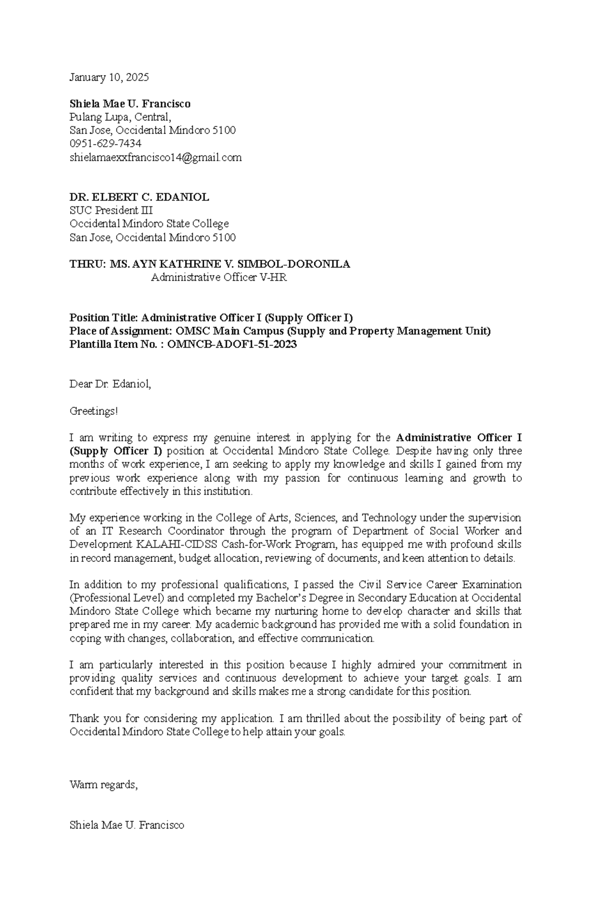 Letter of Intent for Admin Officer I Position at OMSC - Studocu