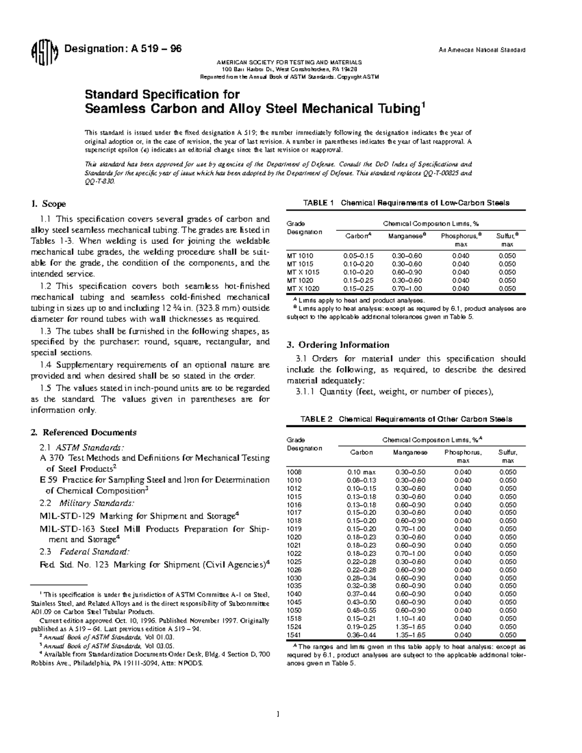 ASTM A 519-1996 Standard Specification for Seamless Steel Tubing - Studocu