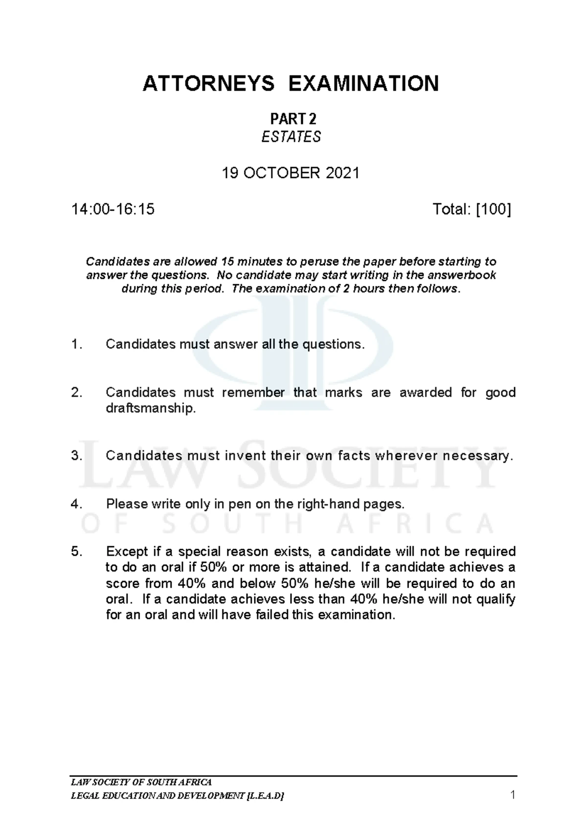 LAW SOCIETY OF SOUTH AFRICA ESTATES EXAMINATION PART 2 - 17 MARCH 2021 ...