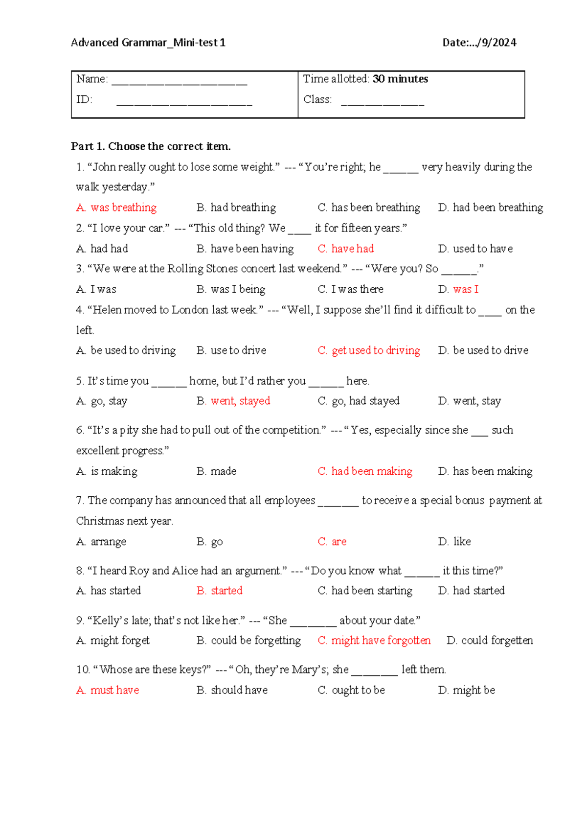 Mini-Test 1 2025 KEY: Advanced 1 Verb Forms & Corrections - Studocu