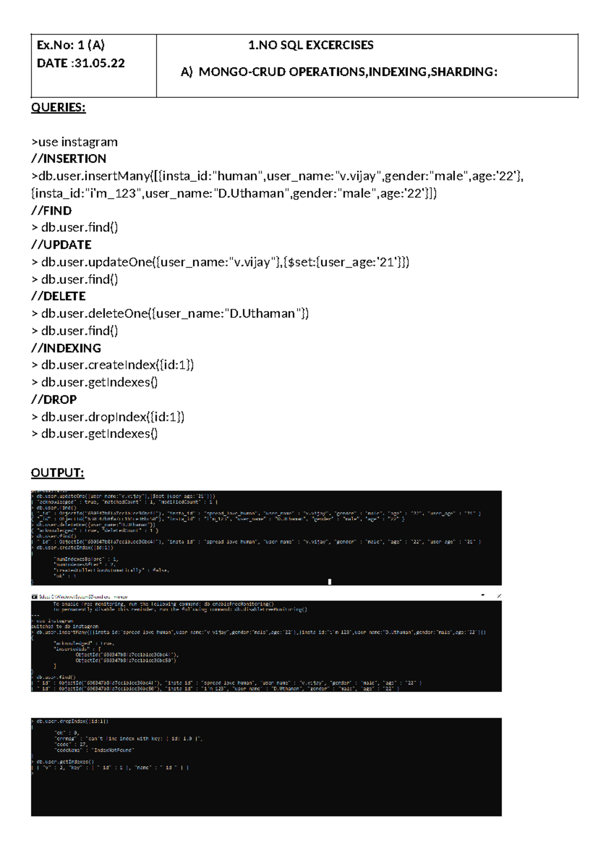 Advanced database lab manua - Ex: 1 (A) DATE :31. 1 SQL EXCERCISES A ...