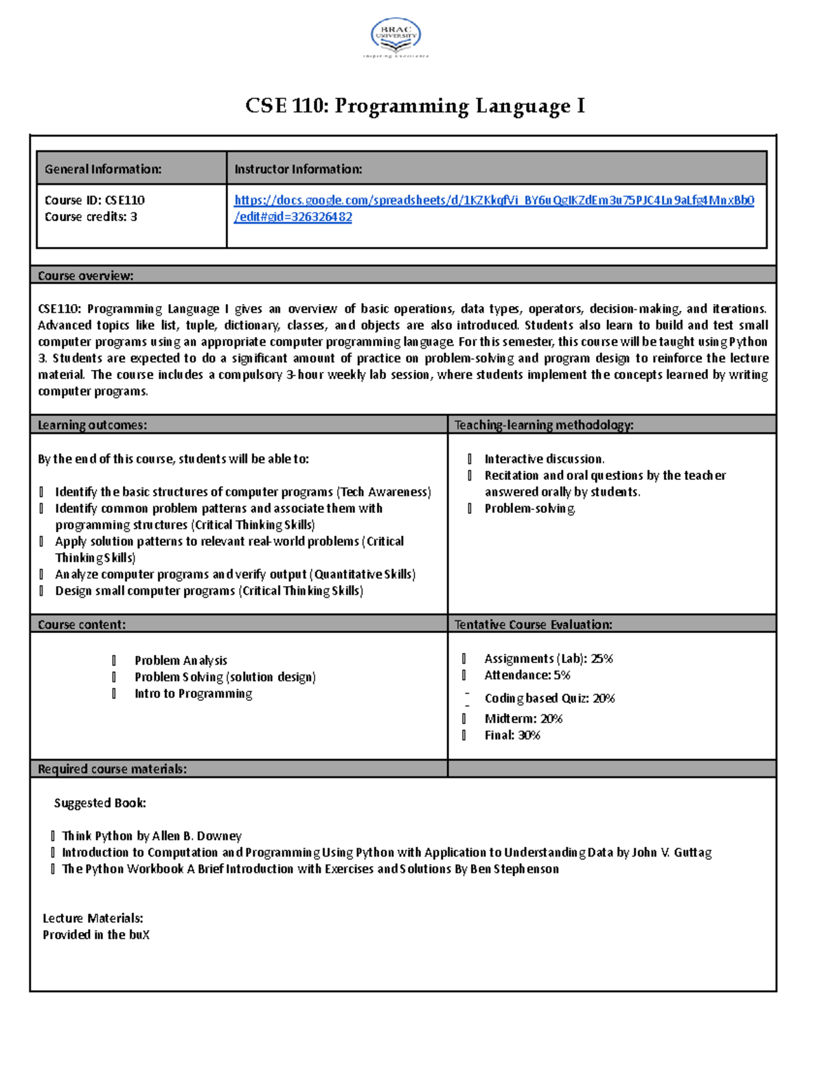 Cse110 course outline fall-22 - CSE 110: Programming Language I General Information: Instructor ...