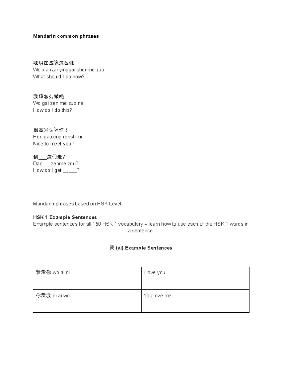 Mandarin Common Phrases for HSK Level 1 - Studocu