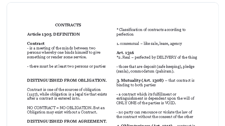 CONTRACTS 101: Classification and Perfection of Contracts (Oblicon ...