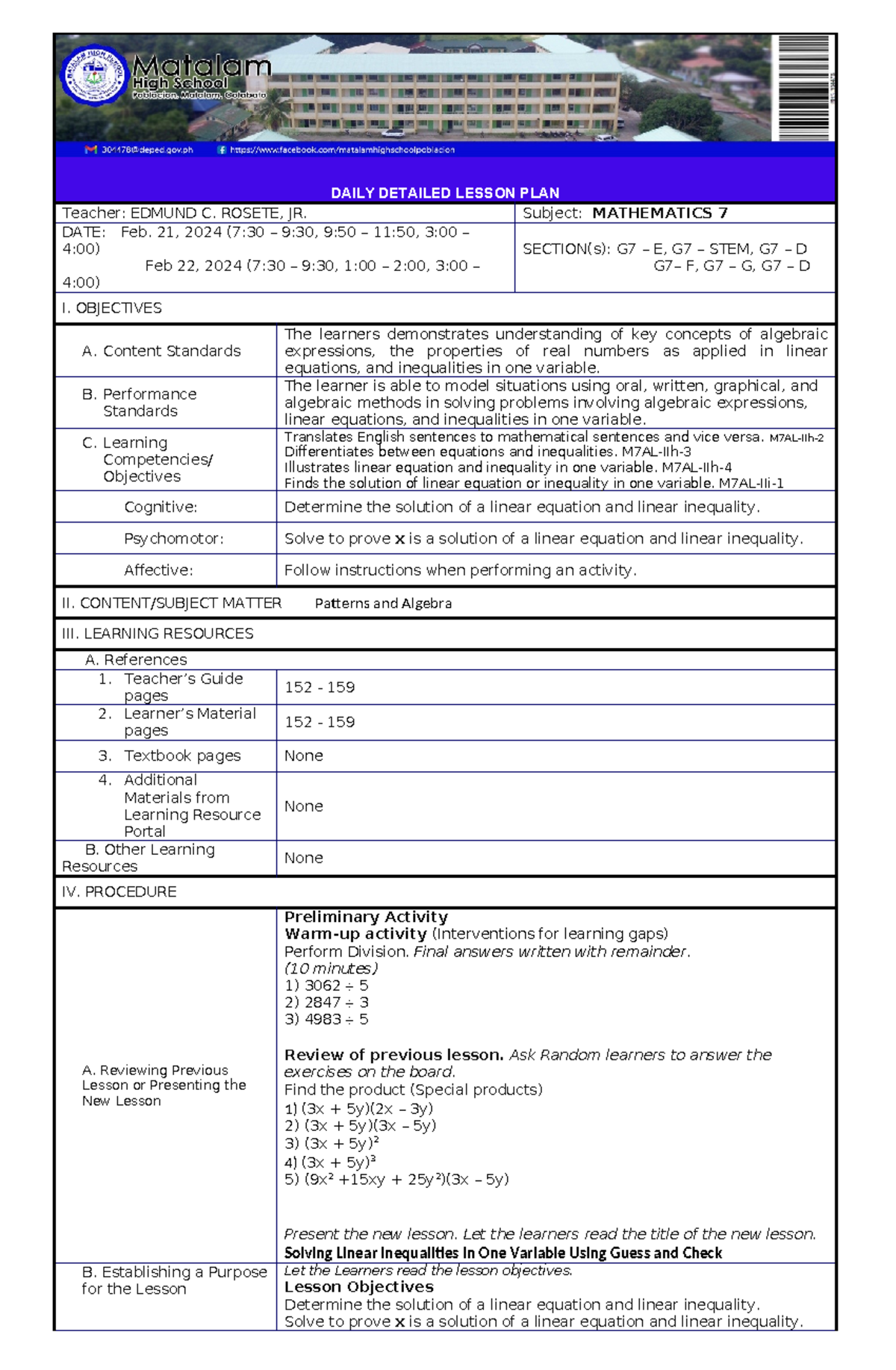 DLP Math 7 - Solving Linear Equations and Inequalities in One Variable - DAILY DETAILED LESSON ...