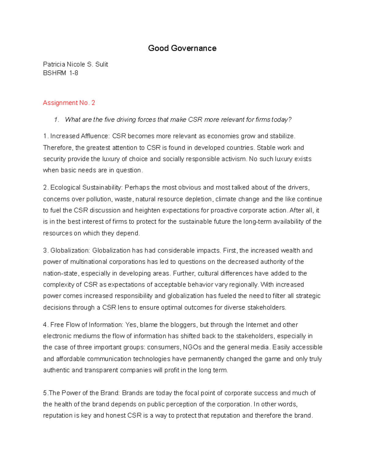 Assignment no - asdas - Good Governance Patricia Nicole S. Sulit BSHRM ...