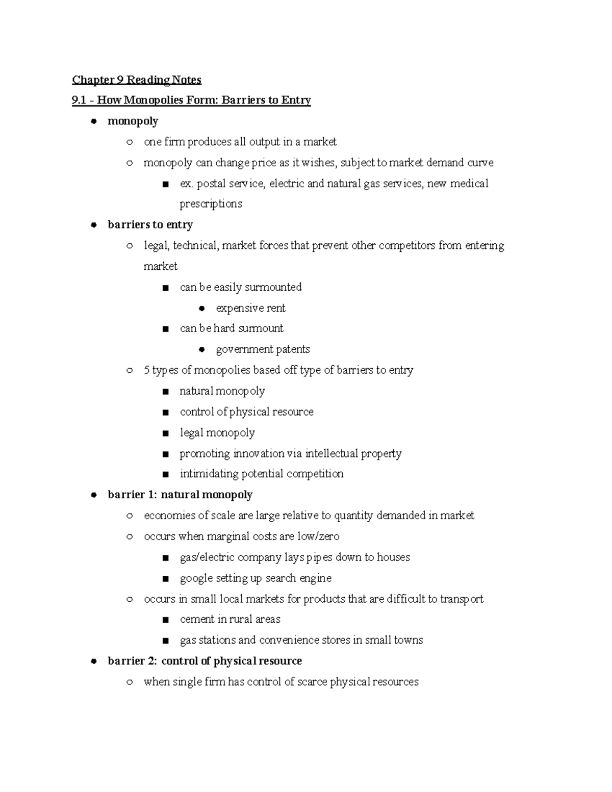 ECON 003 Chapter 9 Notes: Monopolies, Barriers to Entry & Market ...