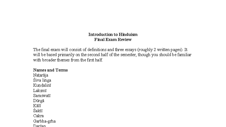 Hinduism W24 Final Exam Review: Key Terms & Essay Topics - Studocu