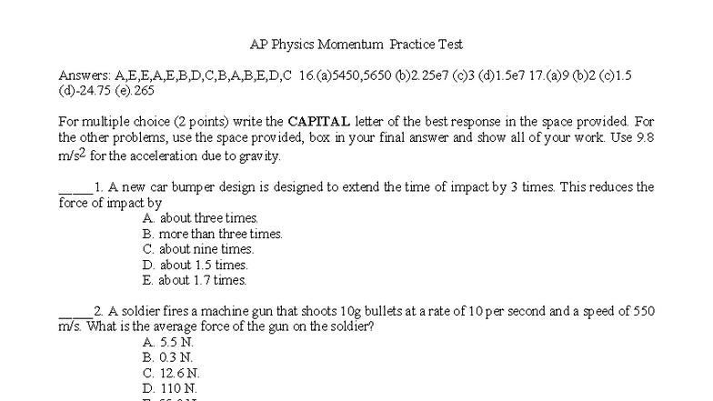 AP Physics Practice Momentum Test Answers and Solutions - Studocu