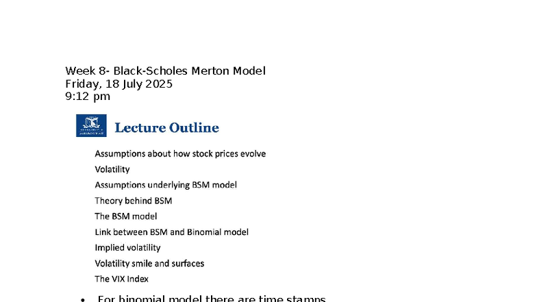 Week 8 Derivatives - Merton Model Insights and Key Concepts - Studocu