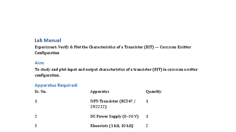 BJT Common Emitter Configuration Lab Manual: Input & Output ...