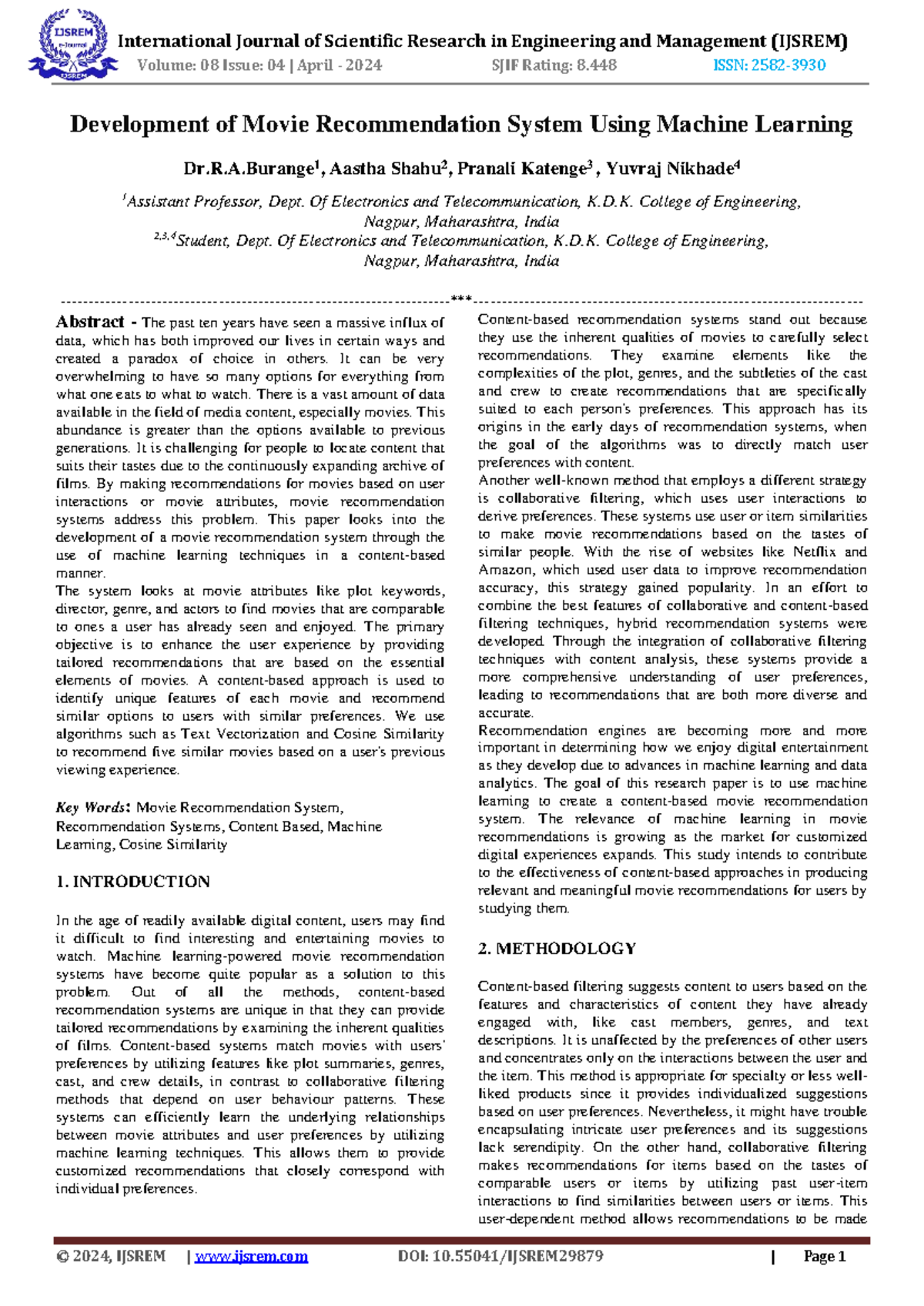 IJSREM 08(04) 2024: Movie Recommendation System Development via ML ...