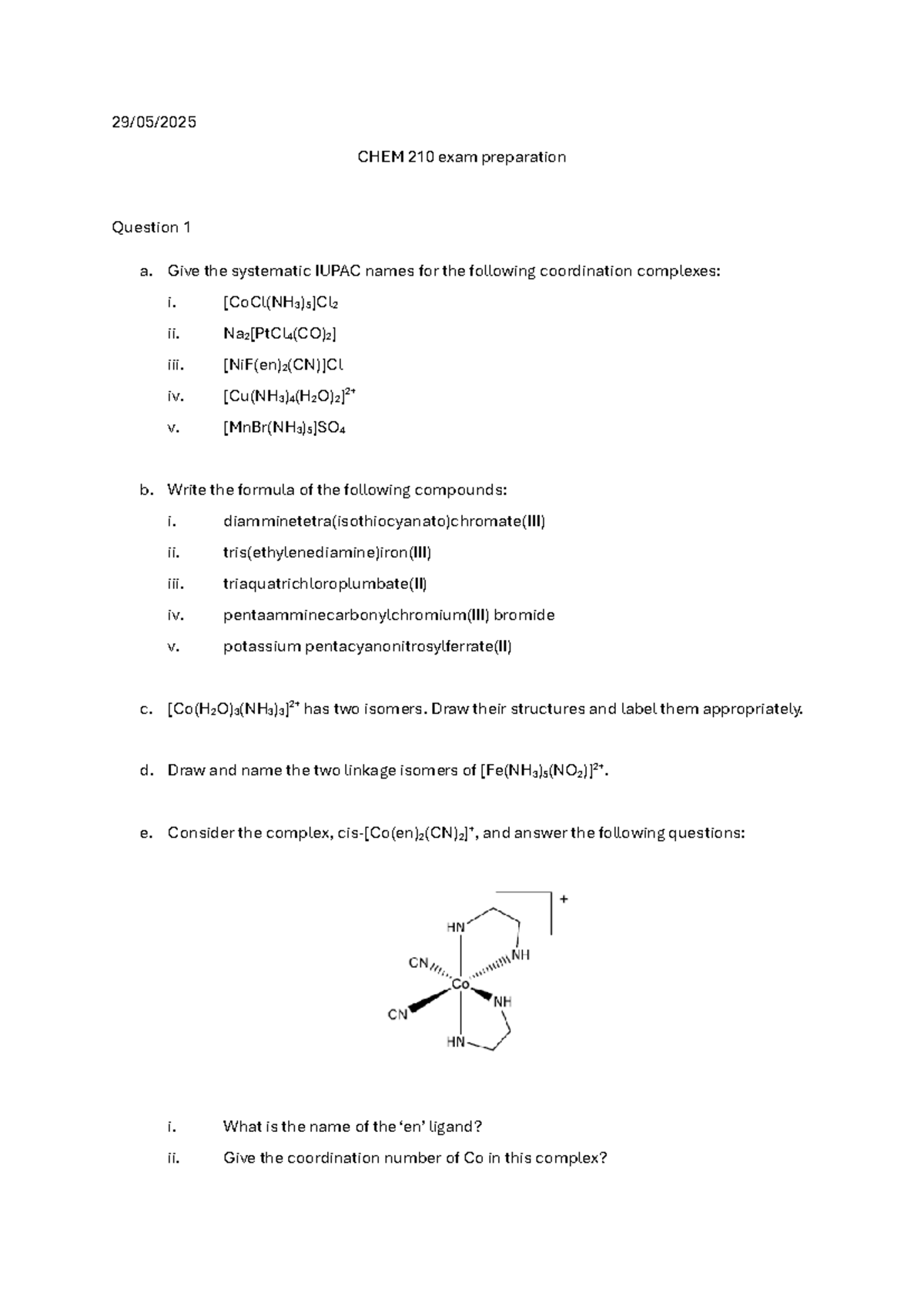 CHEM 210 Final Exam Prep: Coordination Complexes & Isomers - Studocu