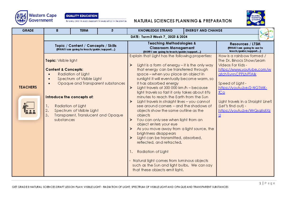 GET GRADE 8 NATURAL SCIENCES LESSON PLAN: VISIBLE LIGHT & RADIATION ...