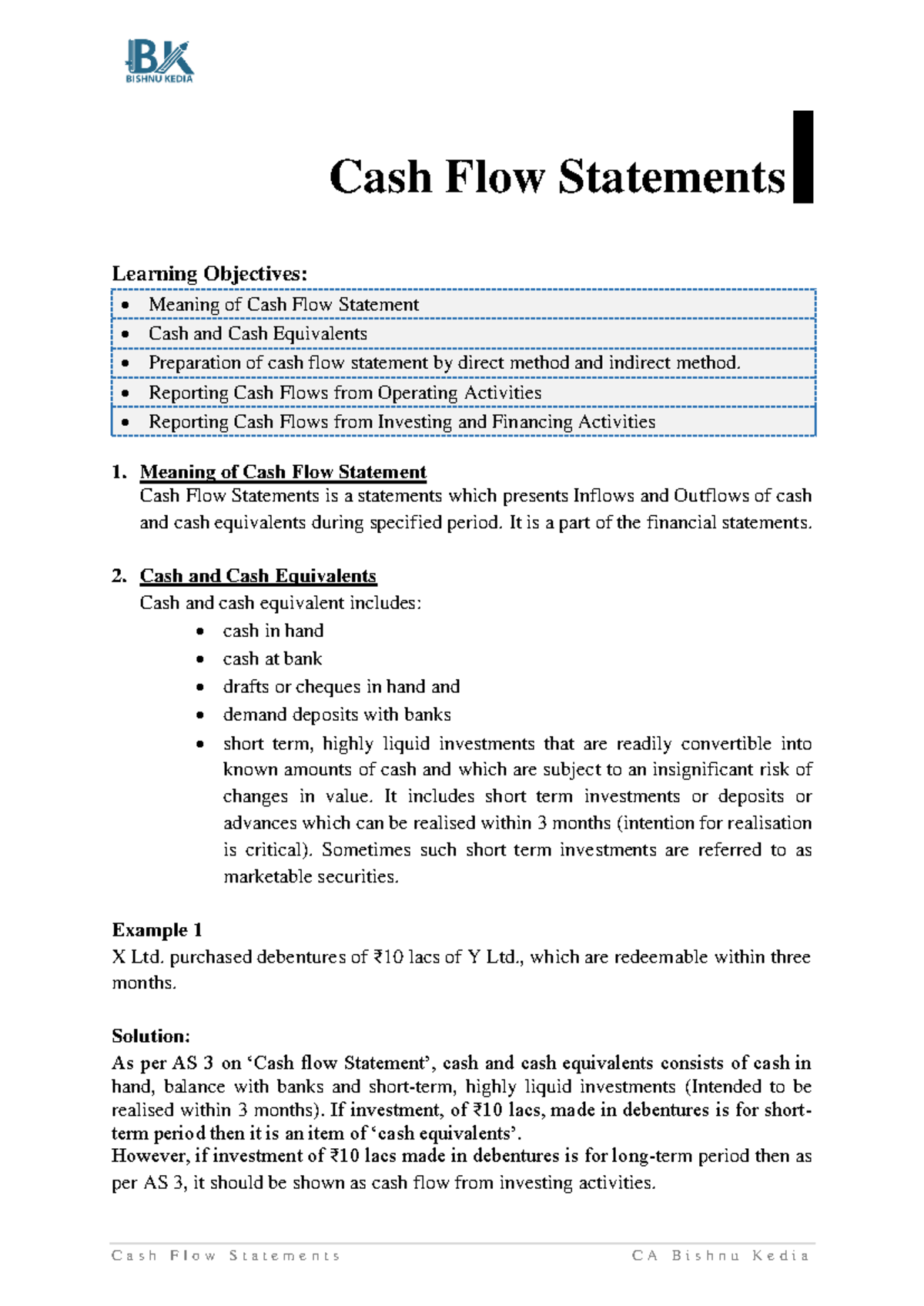 Cash Flow Statement Notes: Learning Objectives and Key Concepts - Studocu