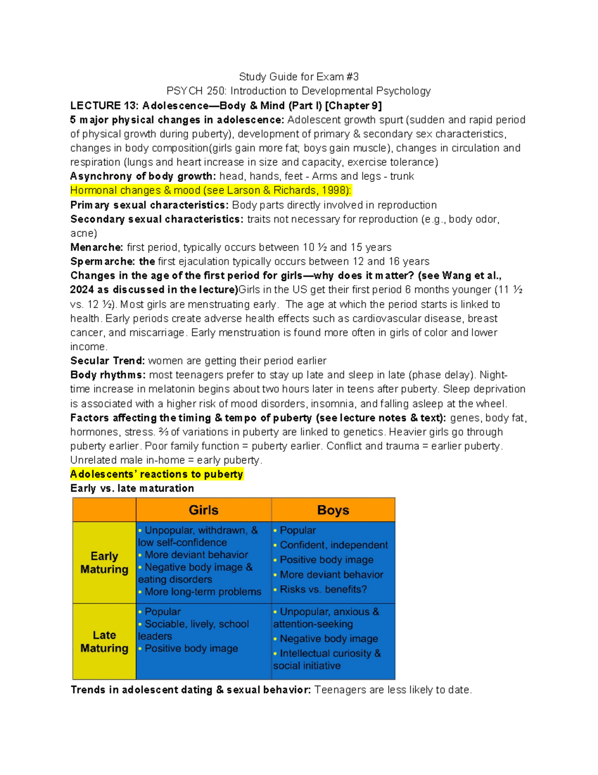 Study Guide for Exam PSYCH 250: Developmental Psychology Lectures 13-17 ...