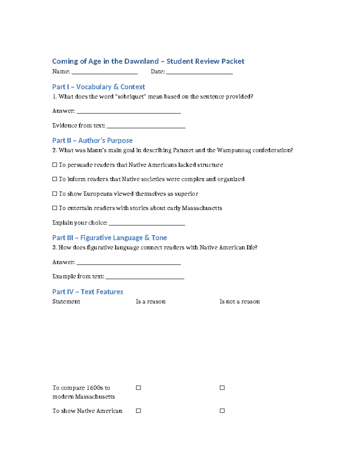 AP Lang: Coming of Age in the Dawnland Review Packet - Studocu