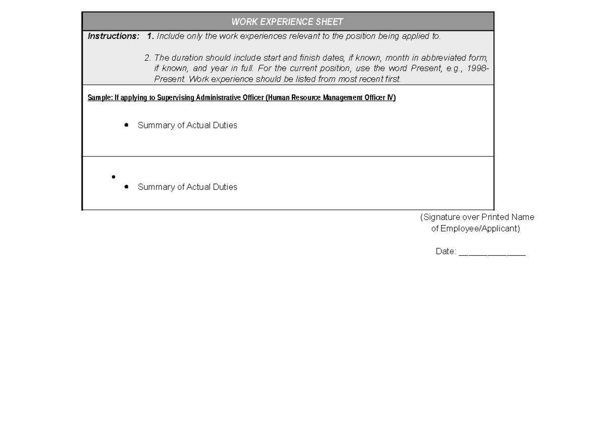 Annex H-2 - CS Form No. 212 Attachment - Work Experience Sheet ...