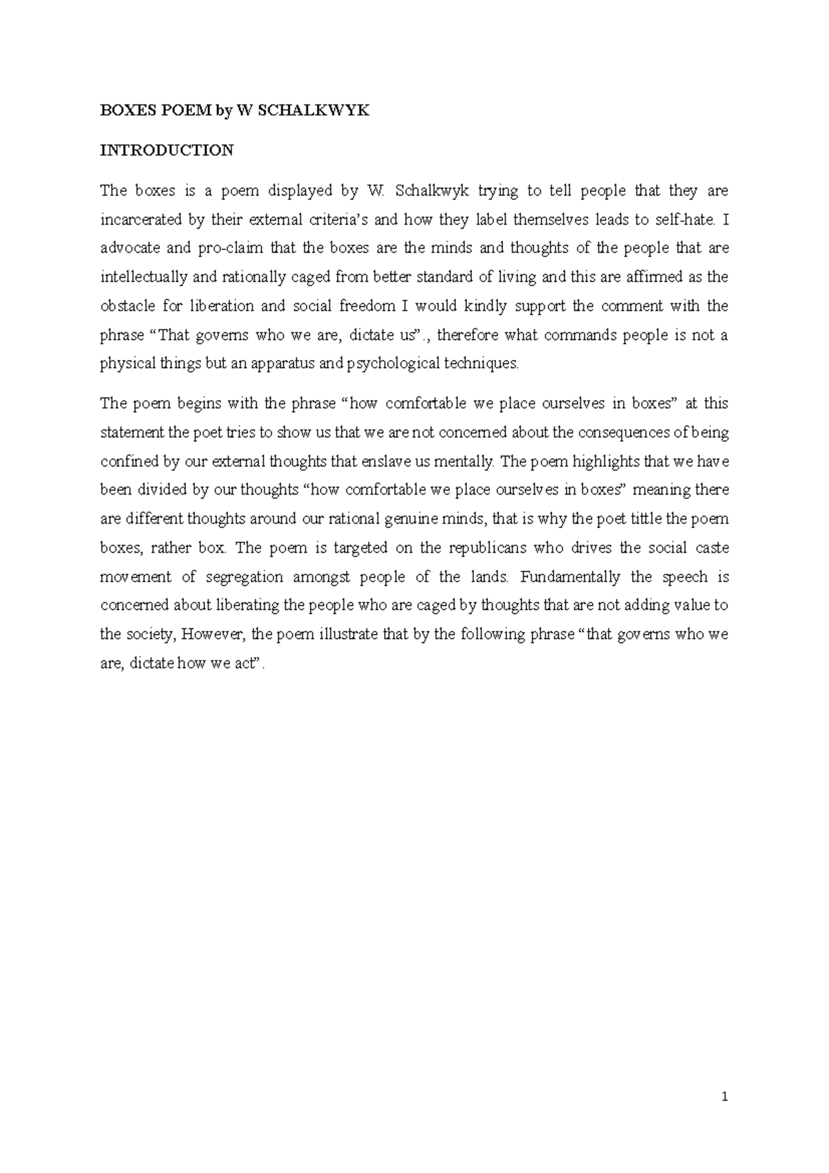 Analysis of "Boxes Poem" by W. Schalkwyk - ENG302 Essay Notes - Studocu