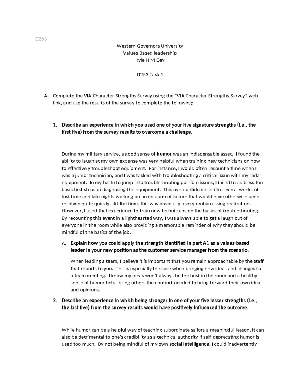 Values-Based Leadership RSM2 - Task 1 Reflection and Insights - Studocu