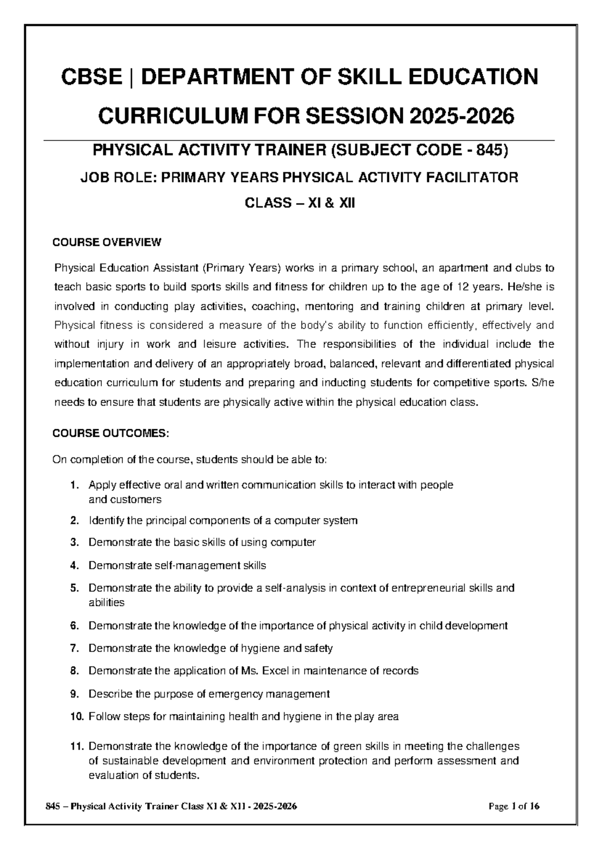 CBSE Curriculum for Physical Activity Trainer (Subject Code 845 ...