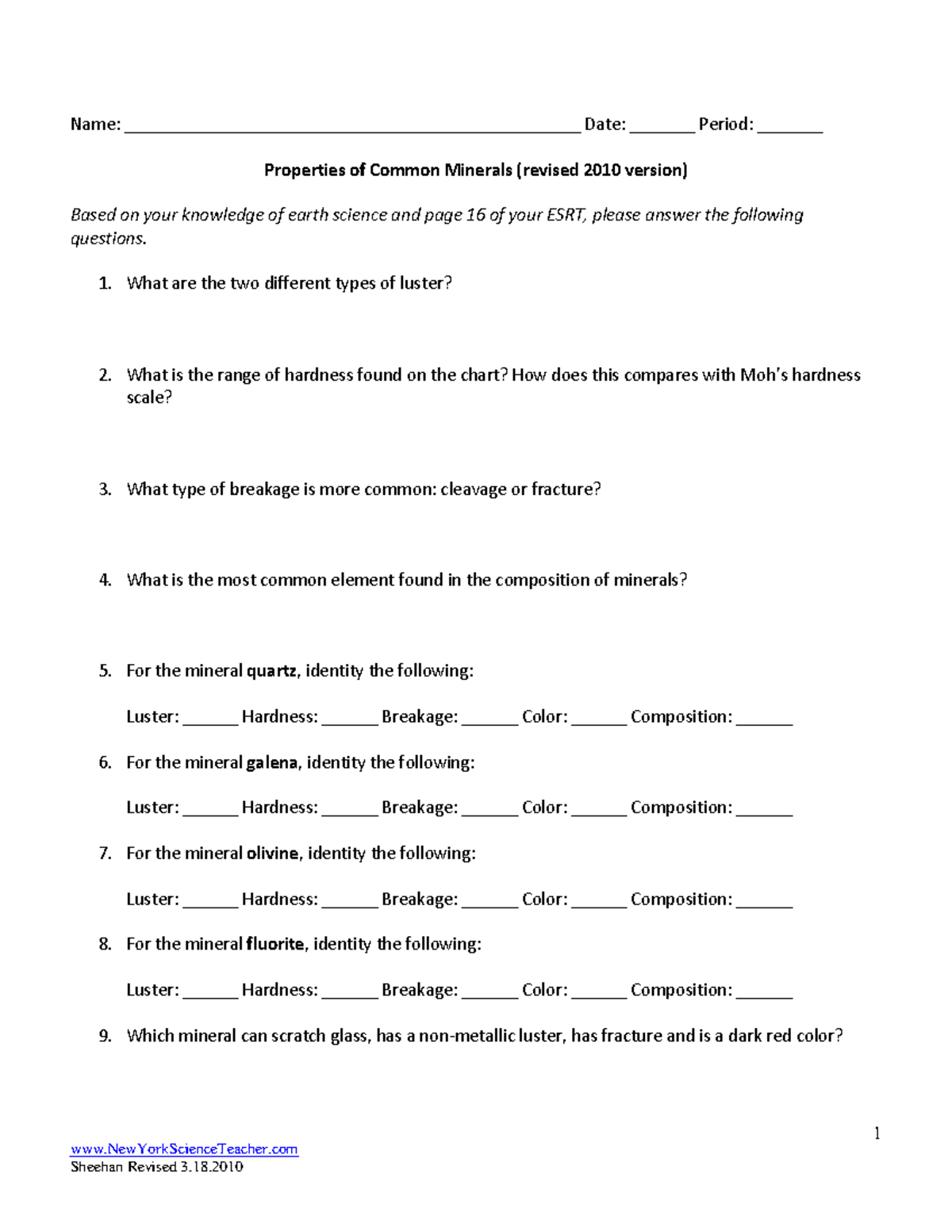 Minerals worksheet - activity - NewYorkScienceTeacher Sheehan Revised 3 ...
