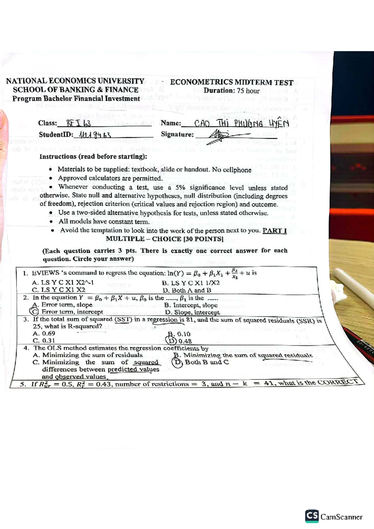 NATIONAL ECONOMICS UNIVERSITY ECONOMETRICS MIDTERM TEST BFI63 - Studocu