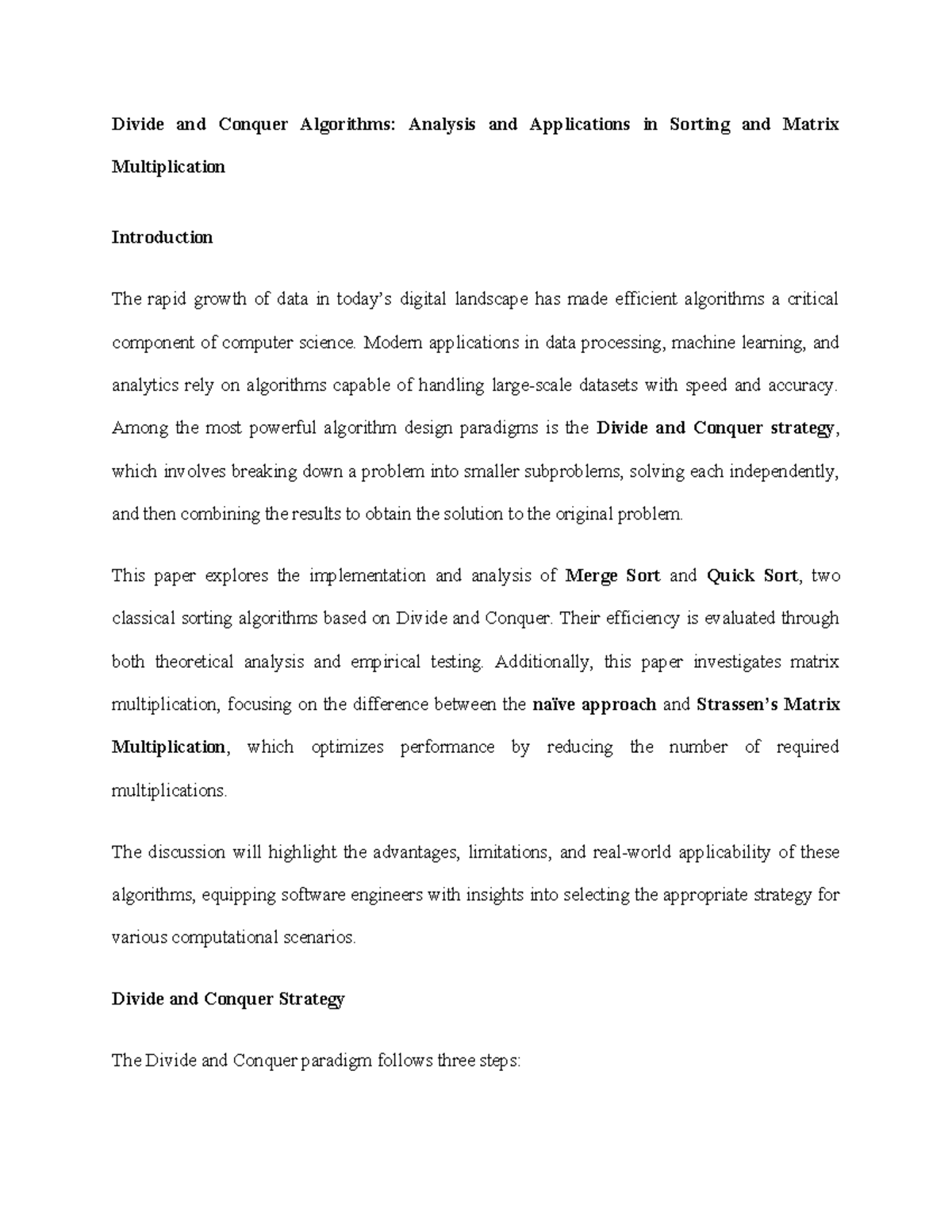 CS 3304 Assignment: Divide and Conquer Algorithms in Sorting & Matrix ...