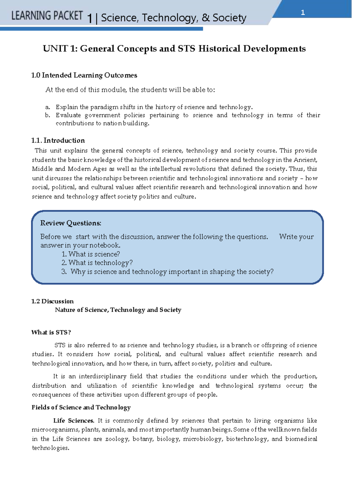 Learning Module 1: STS Concepts & Historical Developments - Studocu