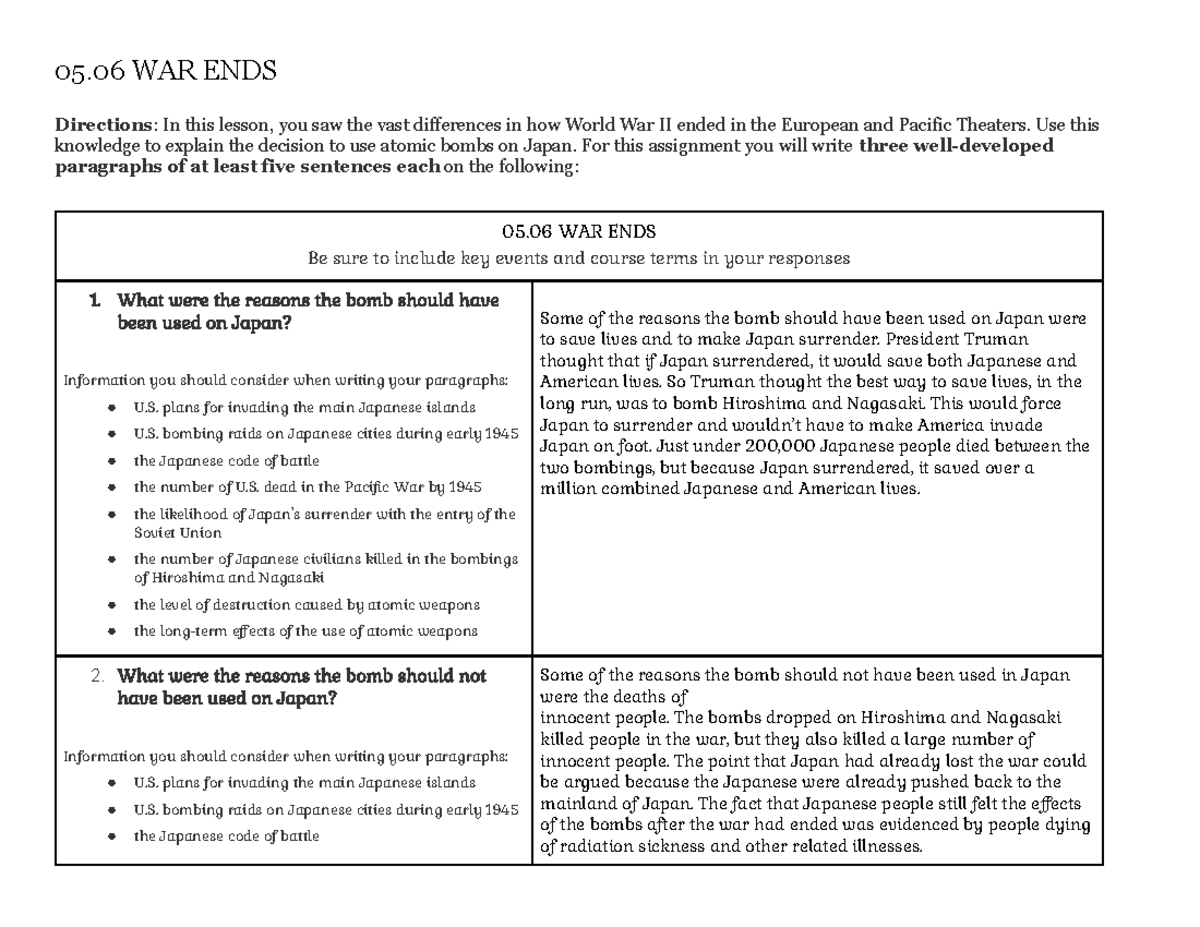 Analysis of Atomic Bomb Decision in WWII - 05.06 Lesson Notes - Studocu