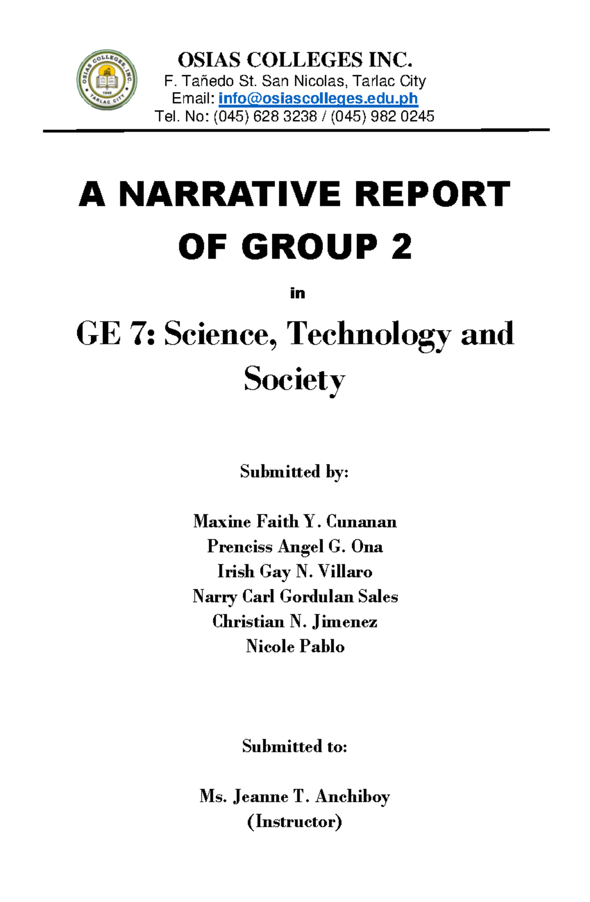 Osias Colleges GE 7: 2024 Intramurals Narrative Report - Studocu