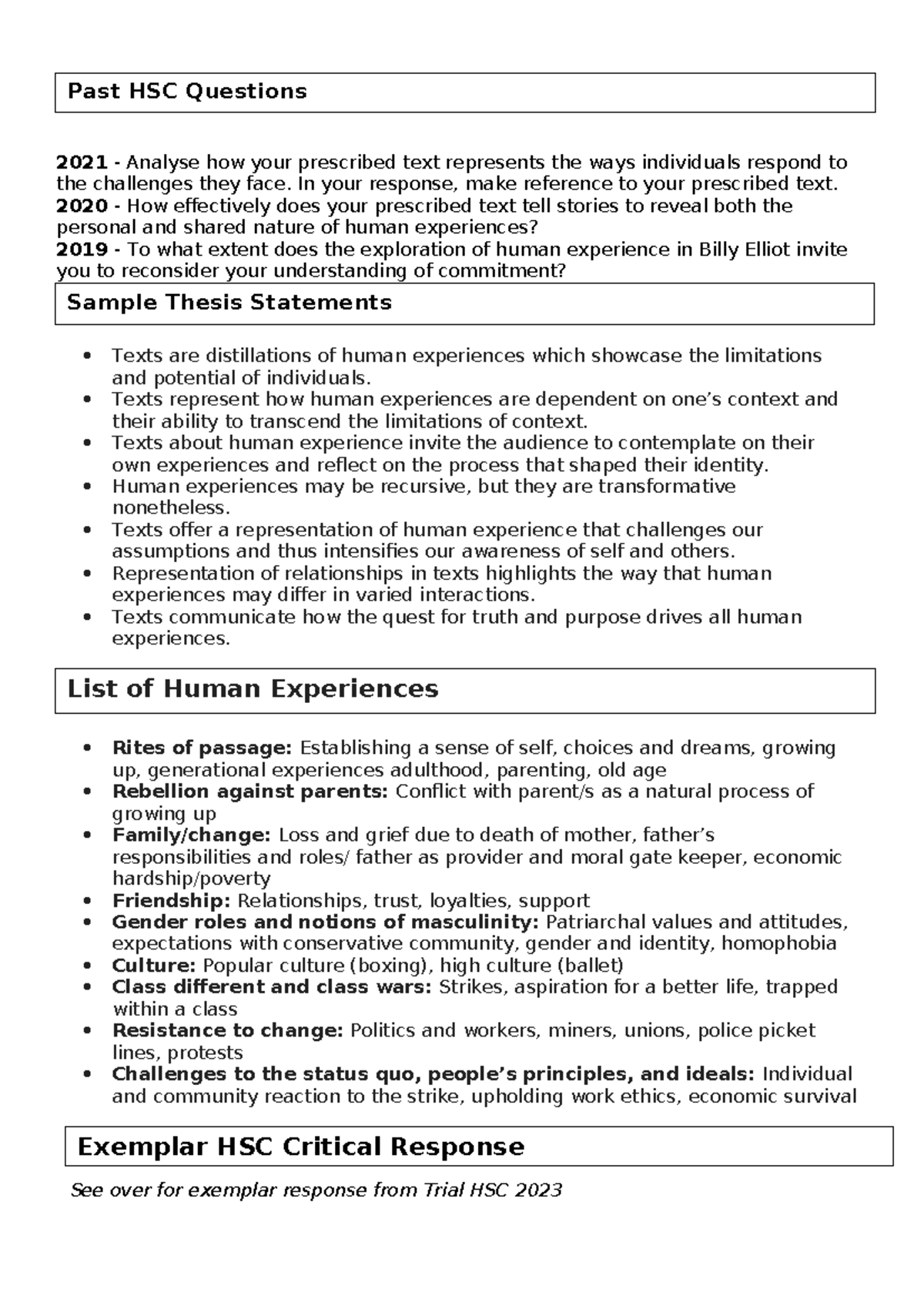 HSC 2023: Billy Elliot Thesis & Trial Essay on Human Experience - Studocu