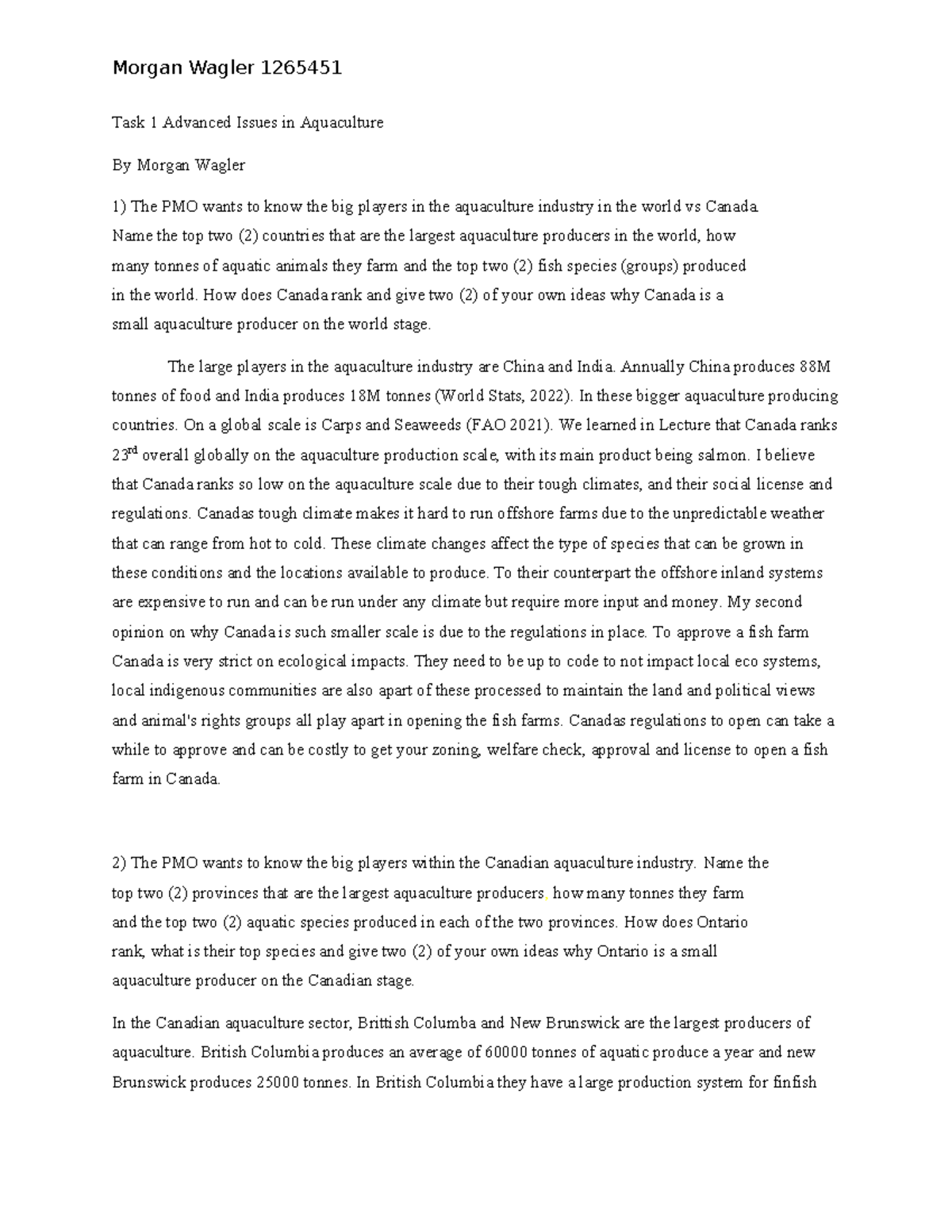 Task 1 - Advanced Issues in Aquaculture (Course Code: 1265451) - Studocu