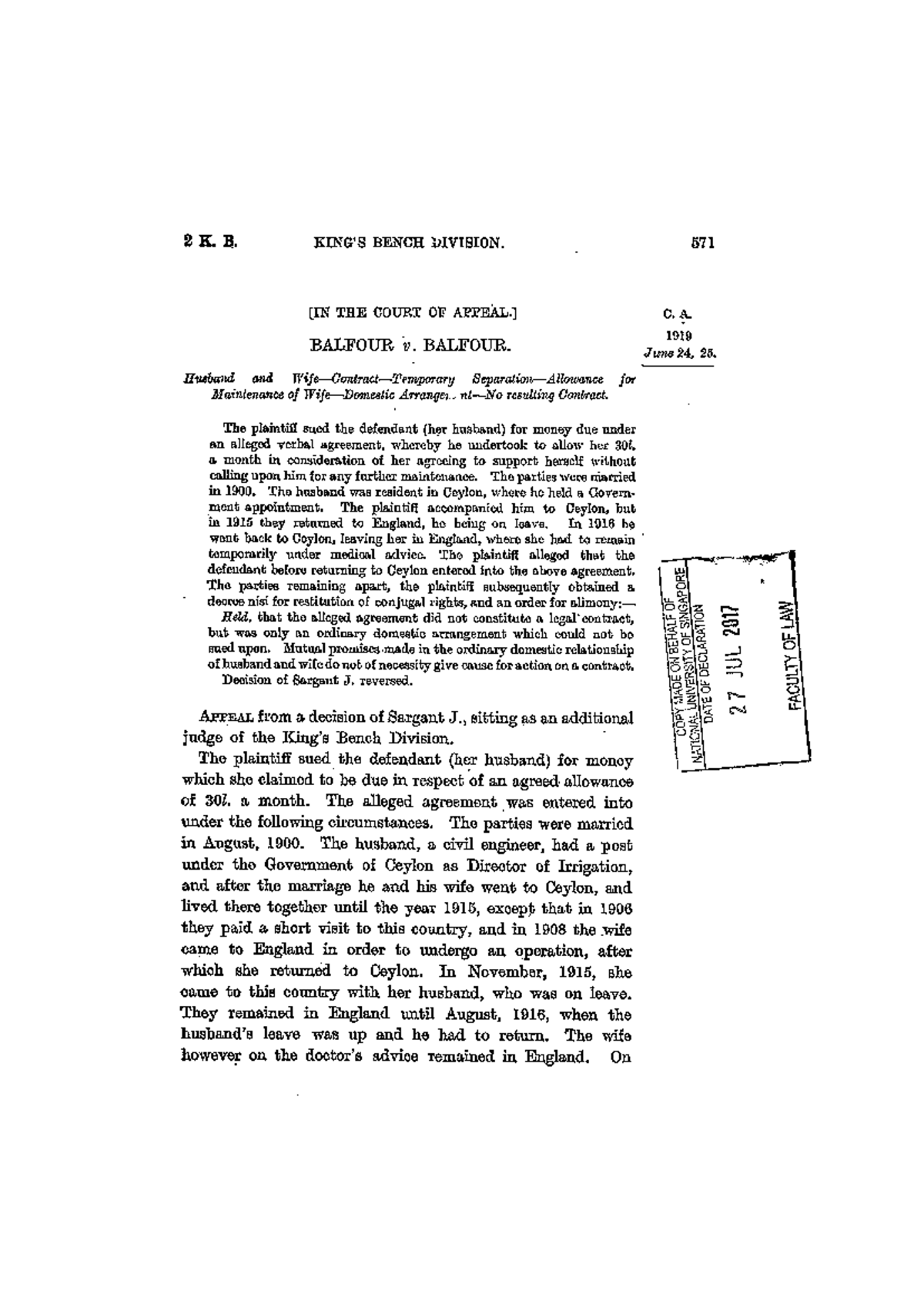 Case Study: Balfour v. Balfour Analysis and Insights - Studocu